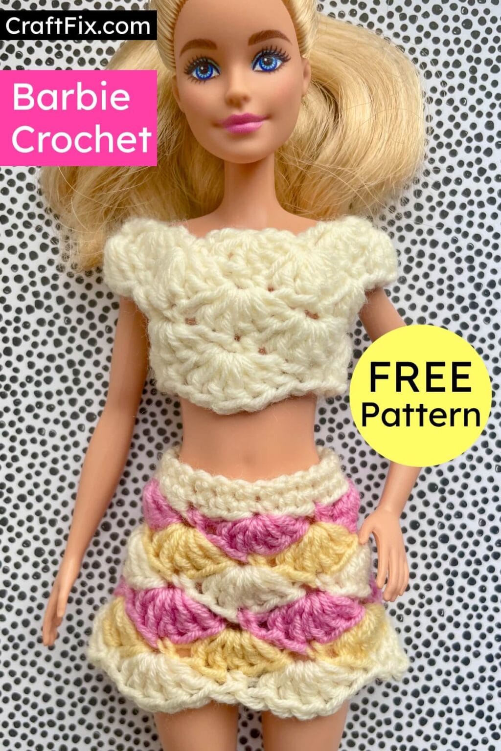 Free Barbie doll crochet clothes patterns - Shell stitch dress, tops ...